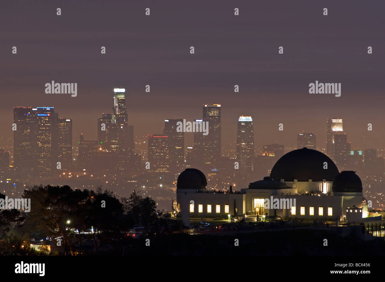 Griffith Observatory at night as viewed from Mt Hollywood, Los Angeles ...