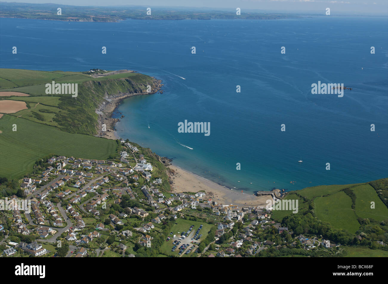 Aerial views of Gorran Bay Cornwall Stock Photo - Alamy