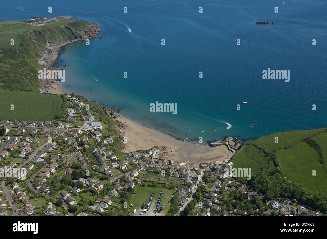 Aerial views of Gorran Bay Cornwall Stock Photo - Alamy