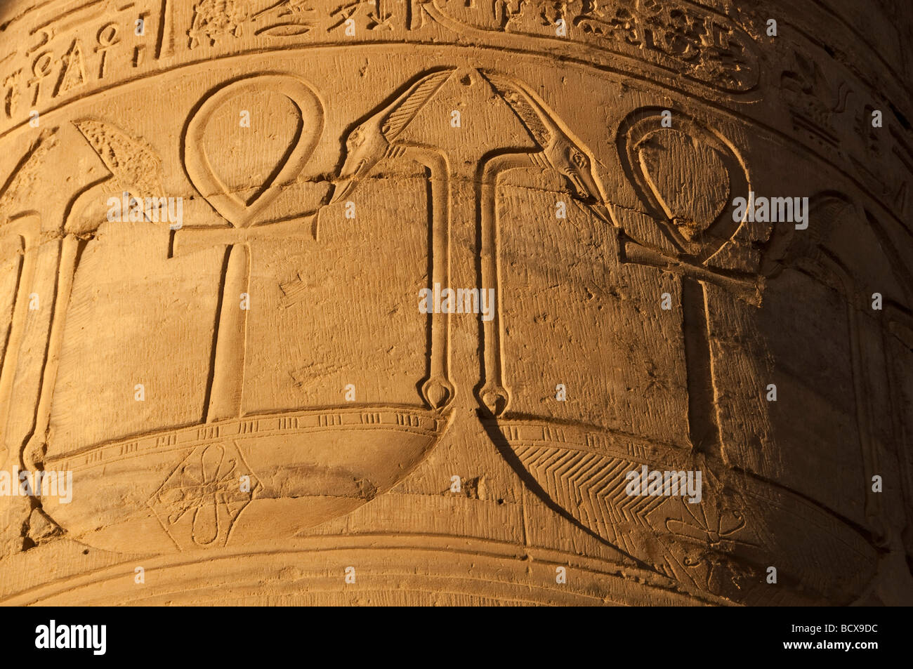 Egypt Kom Ombo temple column showing two ankhs, the hieroglyphic ...