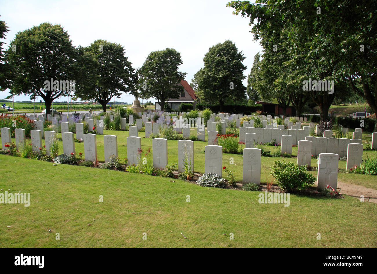 View over the headstones of the Essex Farm Commonwealth Cemetery, Ieper ...