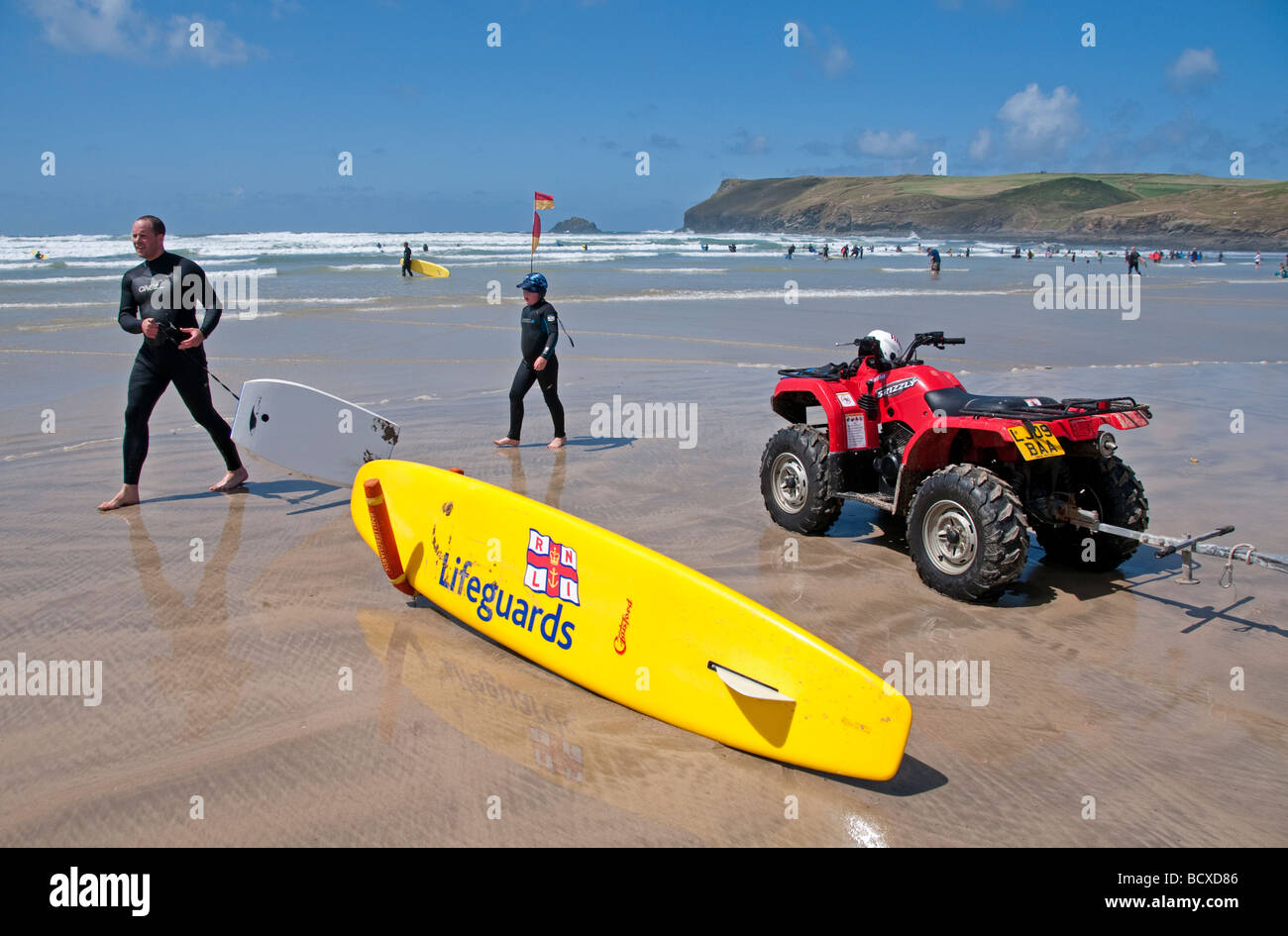lifeguards on Polzeath Beach Cornwall England Stock Photo - Alamy