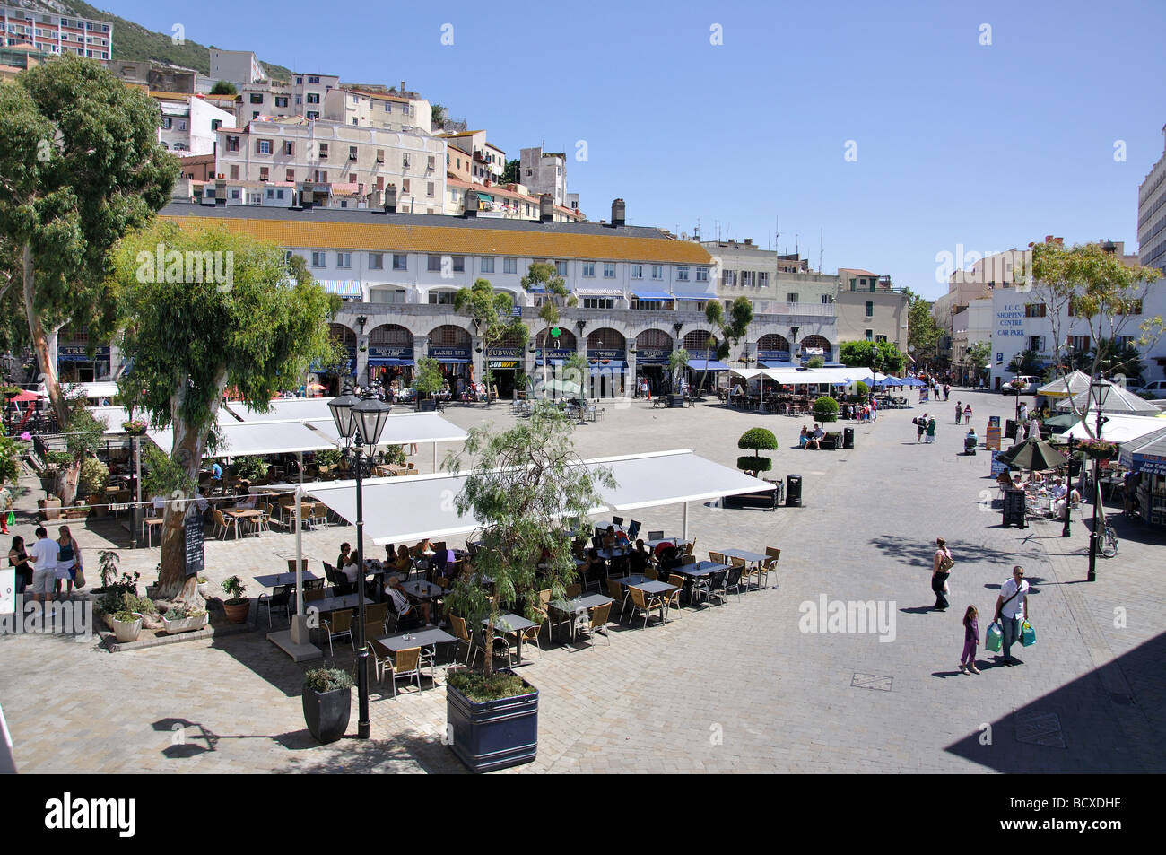 Outdoor restaurants, Casemates Square, Gibraltar Town, Gibraltar Stock ...