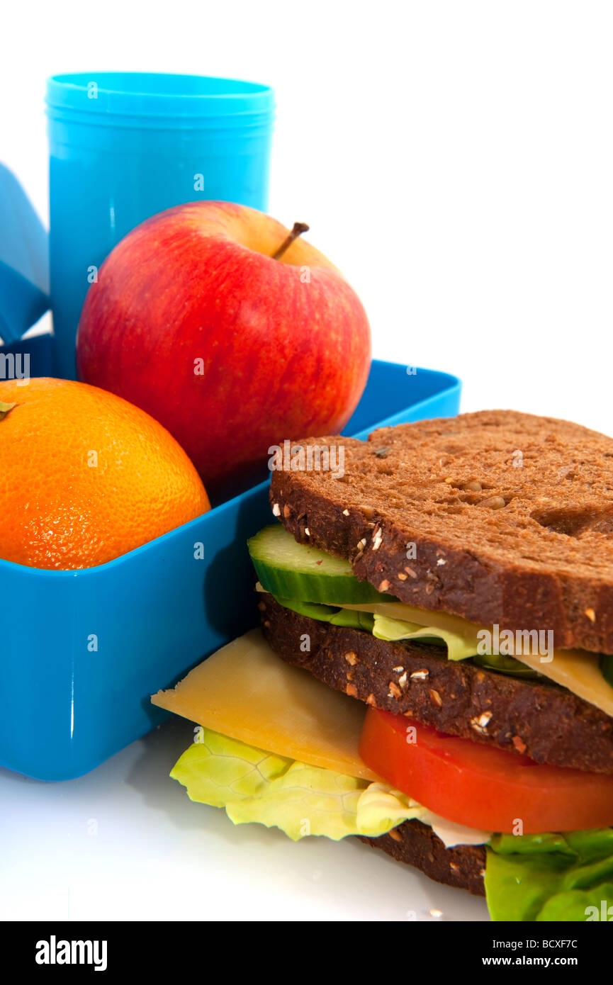 Healthy lunch with whole meal bread cheese fruit and milk Stock Photo ...