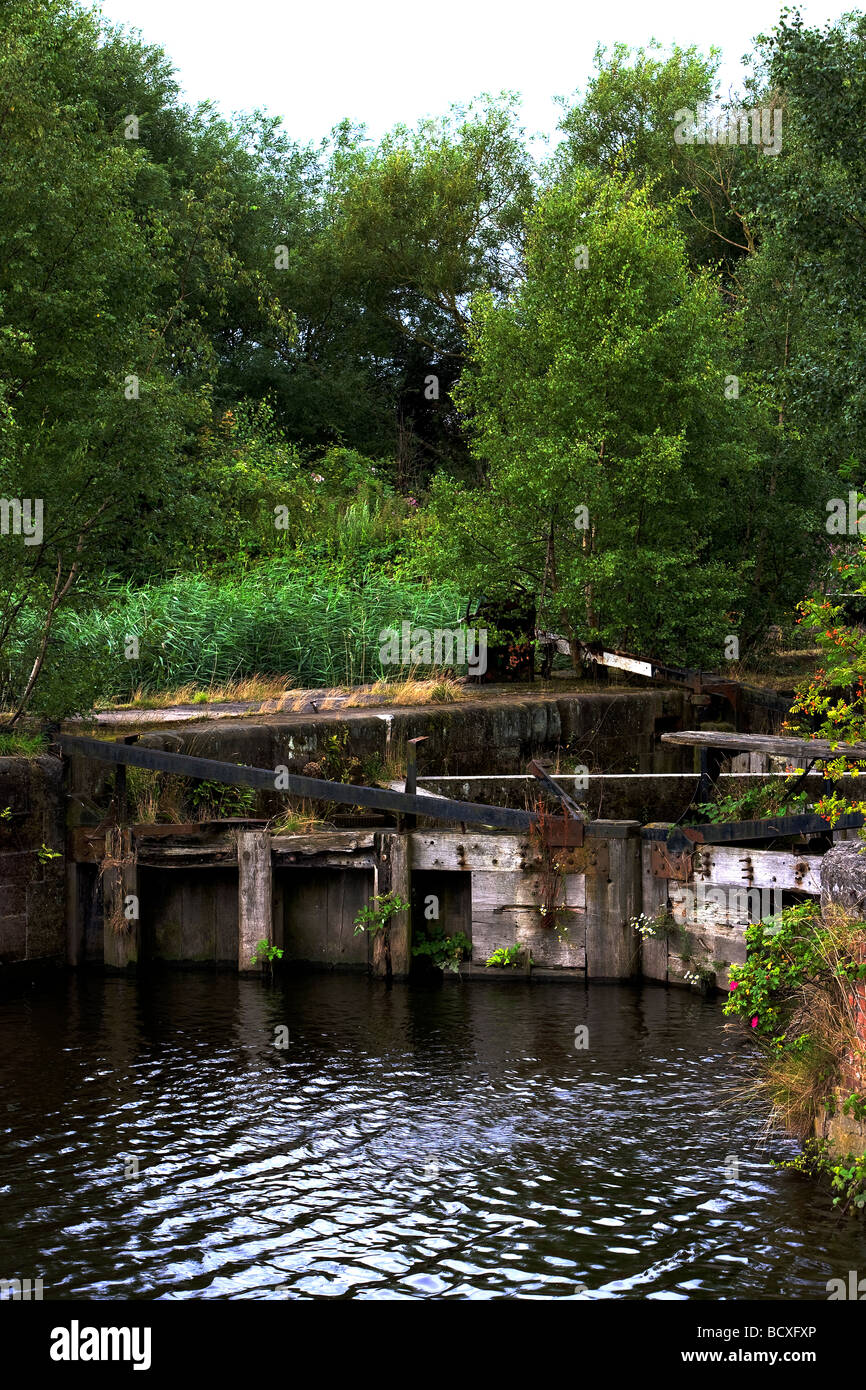 Old lock gates sit unused and deteriorating amongst the trees and weeds ...
