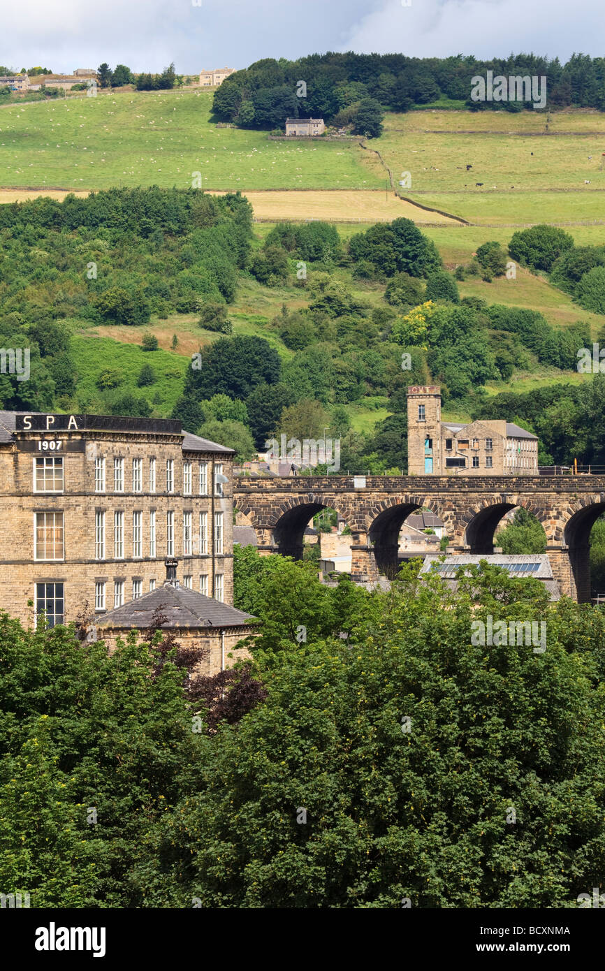 Mill and Viaduct in the Colne Valley near Slaithwaite West Yorkshire UK ...