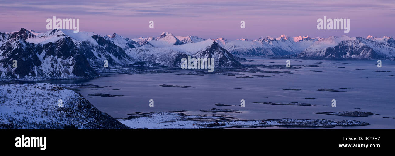 View from Stamsundheia above Stamsund, Vestvågøy, towards mountains of ...