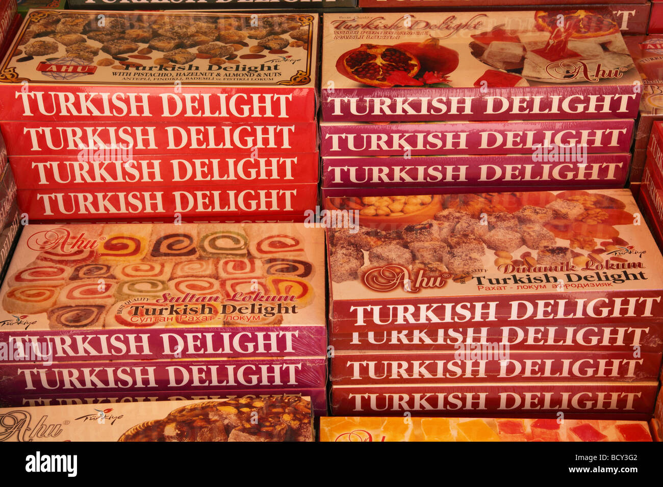 Close up of boxes of Turkish Delight on sale in Bodrum, Turkey Stock ...