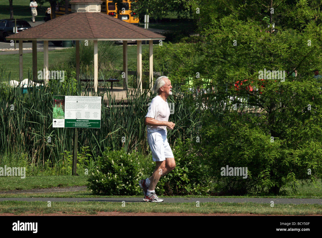 A senior man with long white hair jogging in the park Stock Photo - Alamy