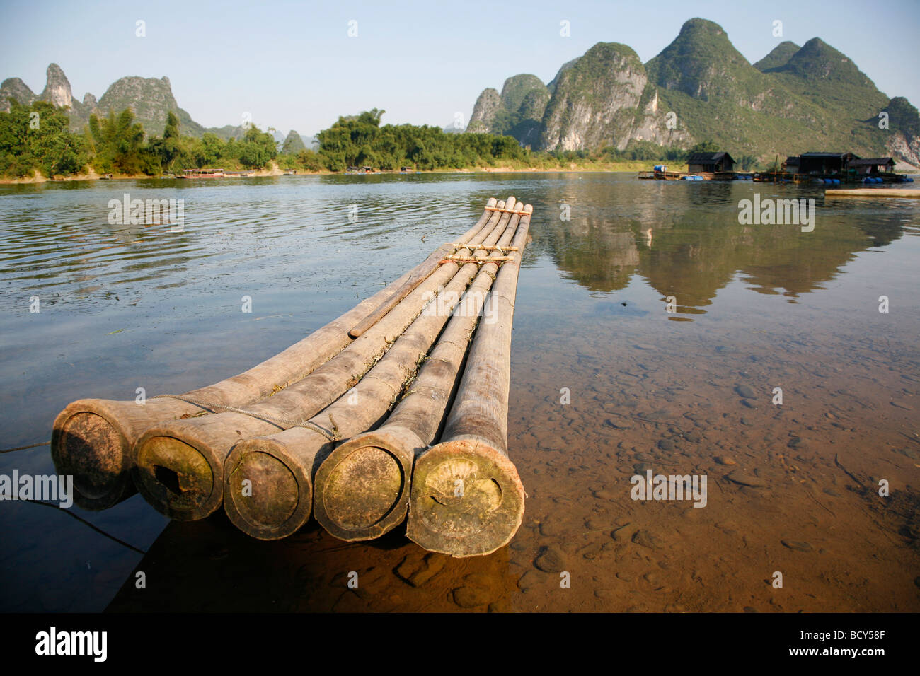 Traditional bamboo raft on the Li River in Guangxi Province, China with ...