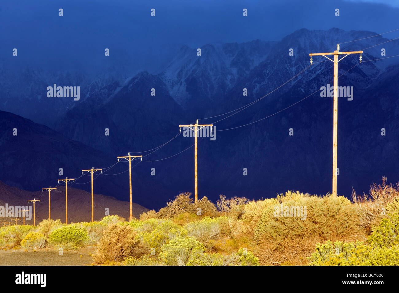 Power lines with dramatic storm light Bishop California Stock Photo - Alamy