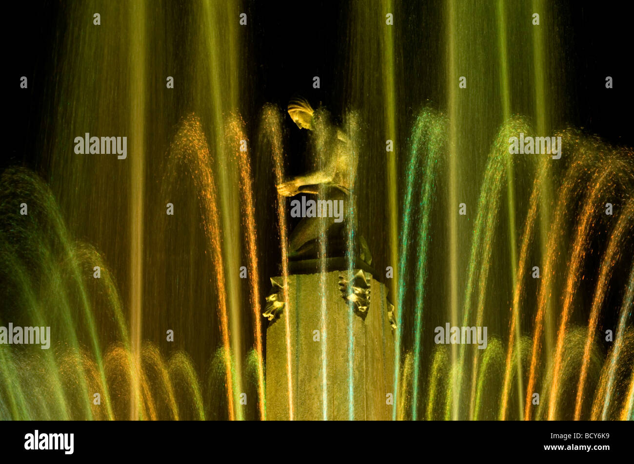 Fountain with Color Lights at Night in Beverly Hills, CA Stock Photo ...
