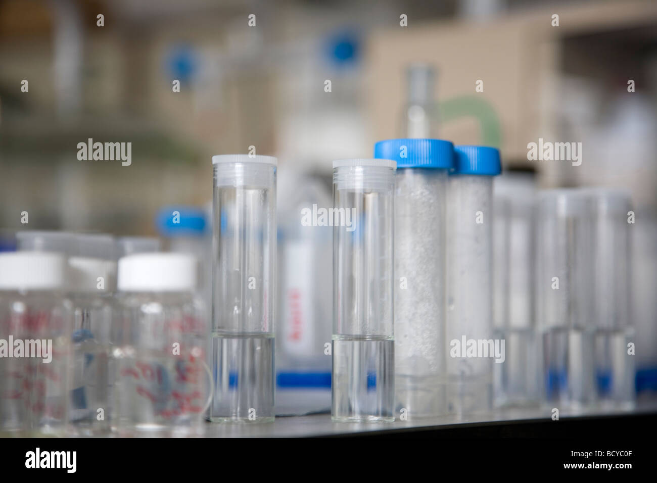 Glass tubes with white and blue lids Stock Photo - Alamy