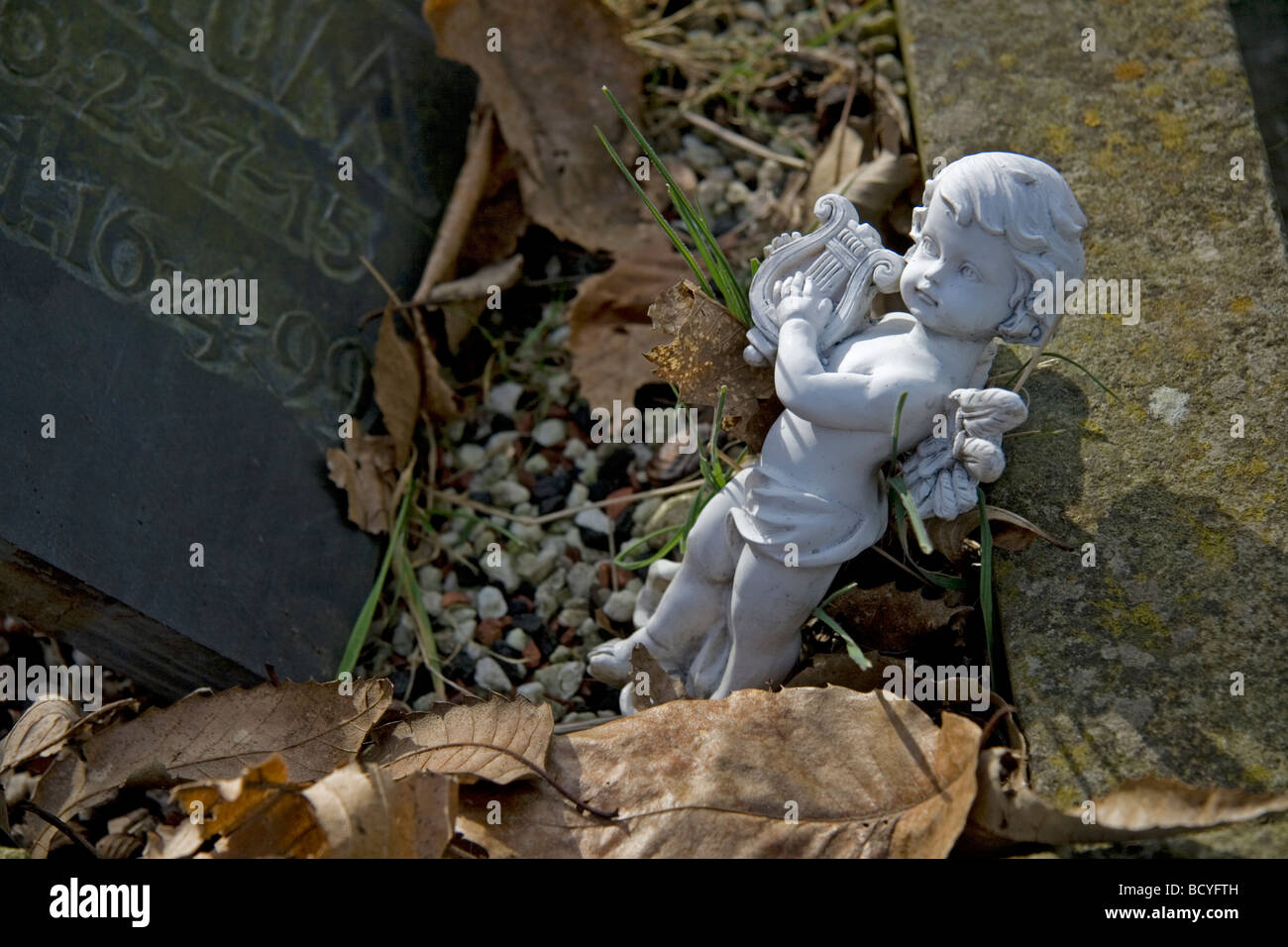 Small figurine of a cherub placed placed by grave with autumn leaves ...