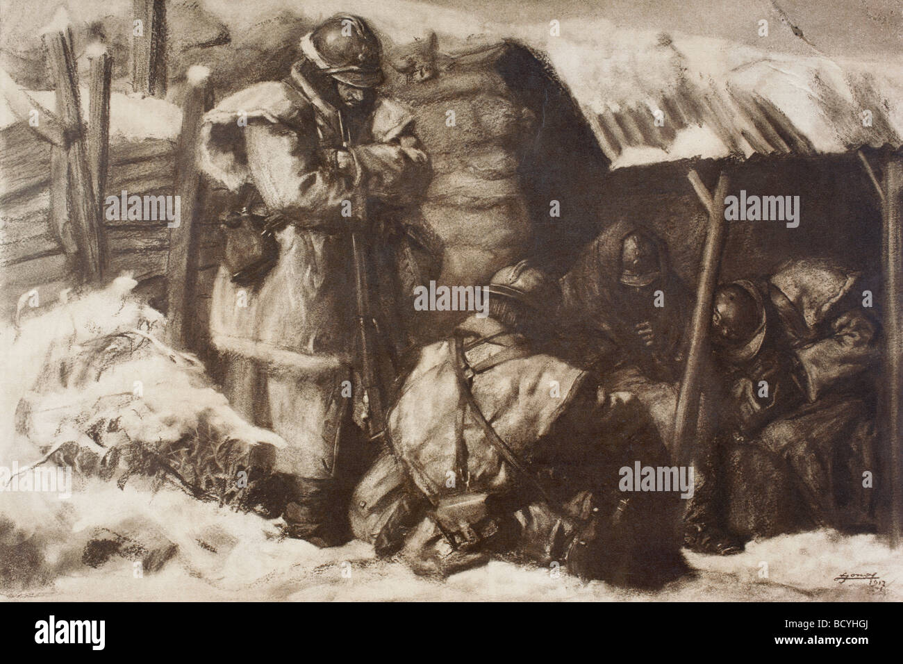 The cold on the Somme. Soldiers huddle in a trench to protect ...