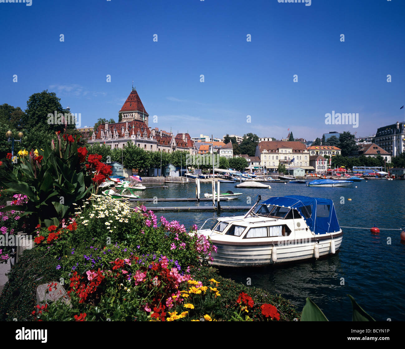 View from Ouchy, the popular lakeside resort near Lausanne, showing the ...