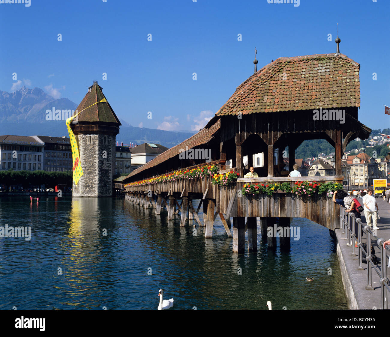 Historic Chapel Bridge famous landmark in the city of Lucerne on Lake ...