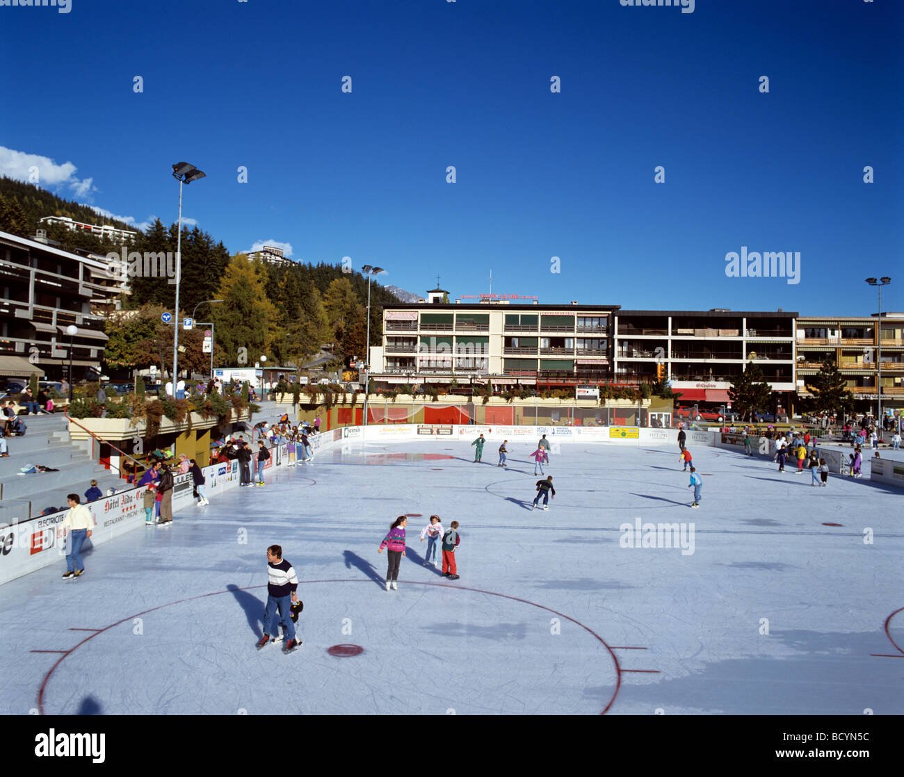 Outdoor ice rink in the popular ski resort of Crans-Montana Stock Photo ...