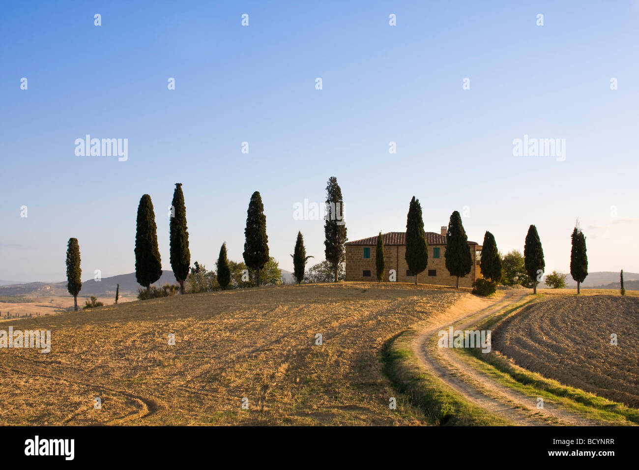 Golden hour over Villa Near Pienza, featuring iconic cypress trees and ...