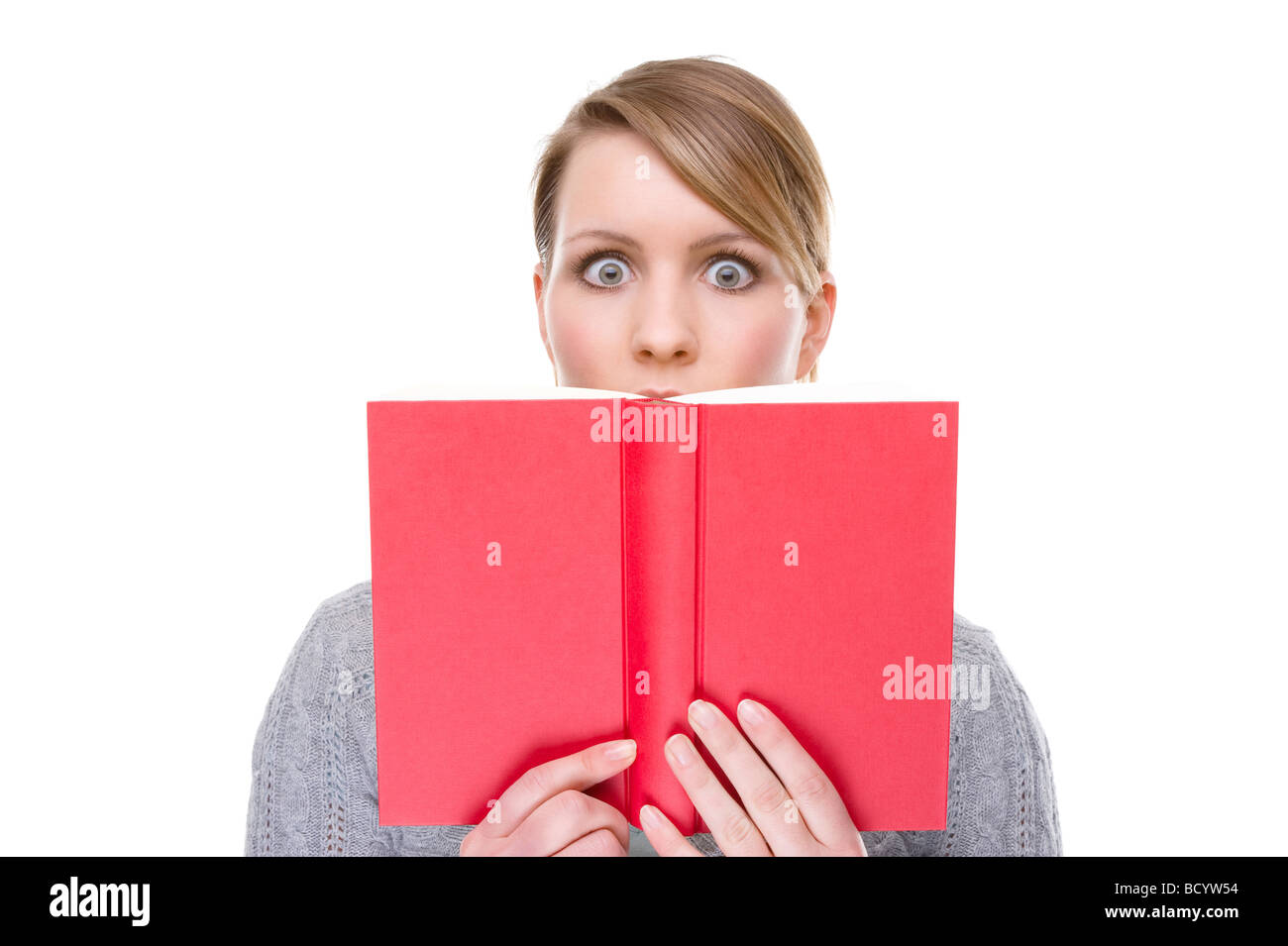 Full isolated portrait of a caucasian woman with a red book Stock Photo ...