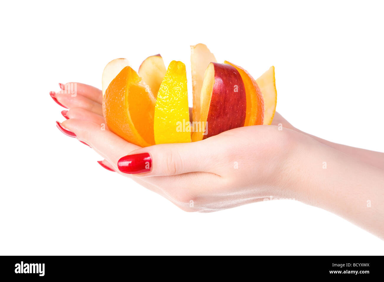 Woman hand with fruit mix Isolated on white Stock Photo - Alamy