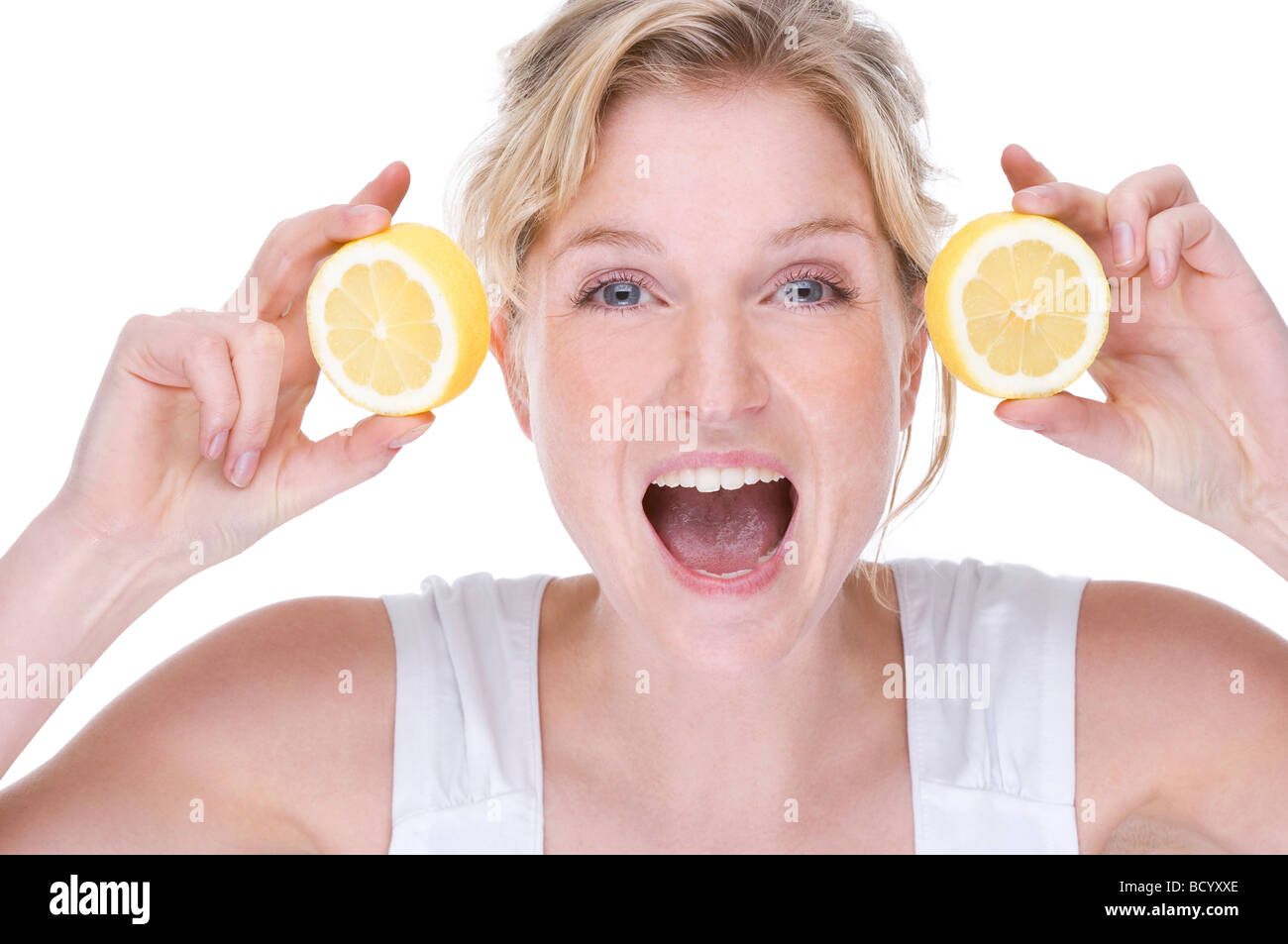 Full isolated portrait of a beautiful caucasian woman with lemon Stock ...