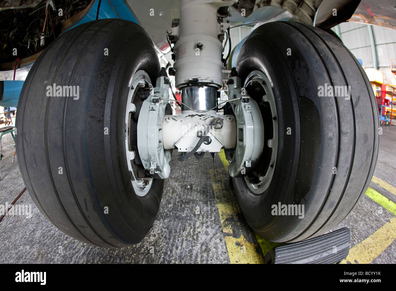 Close up shot of the landing gear of a commercial airplane Stock Photo ...