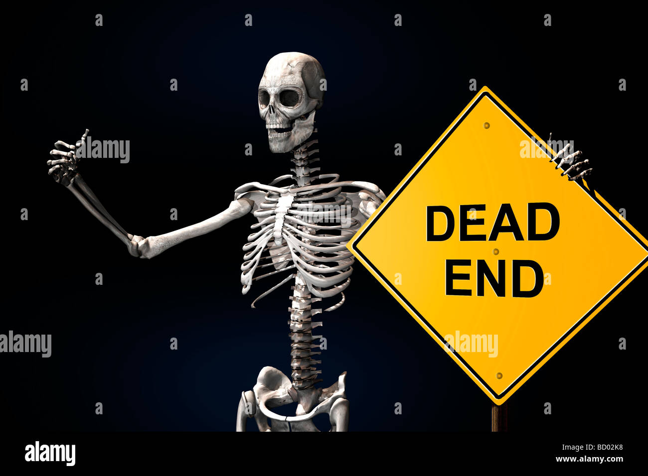 Skeleton hitchhiking at a dead end sign Stock Photo - Alamy