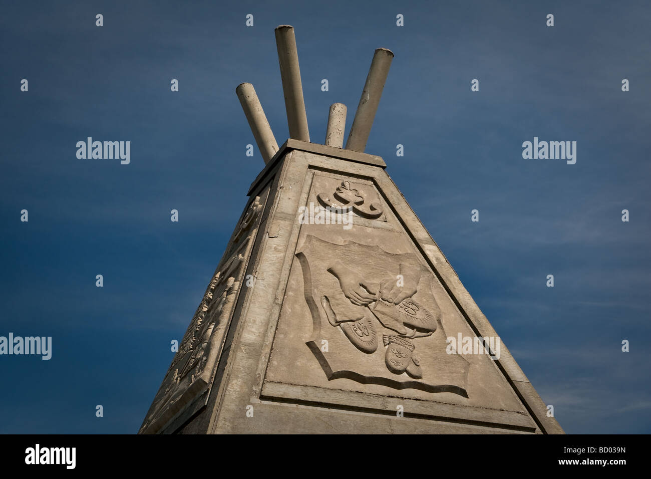 A tipi shaped artwork is seen on a promenade facing the lac St Jean ...