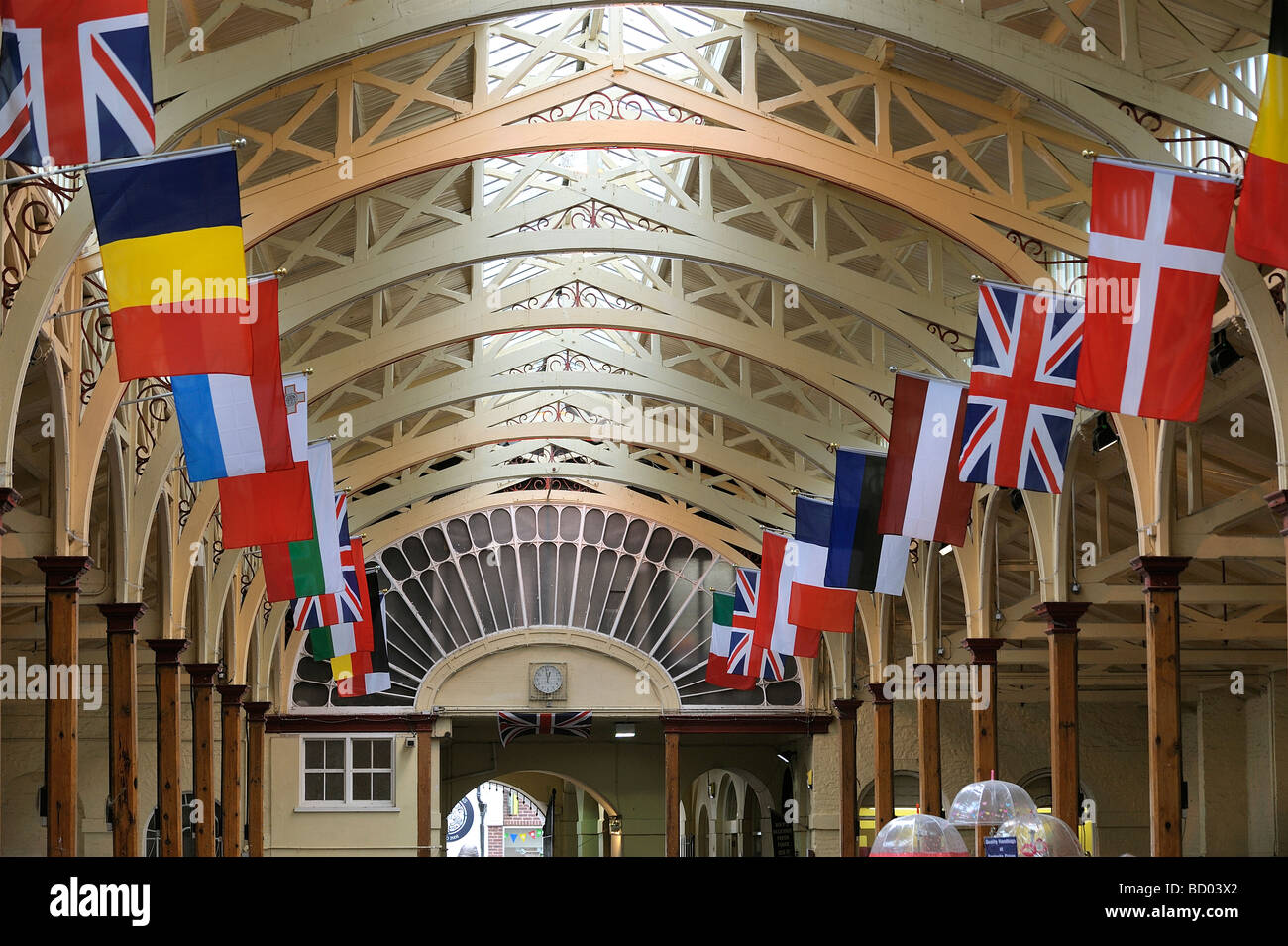 Flags in the Pannier Market in Barnstaple Devon Stock Photo - Alamy