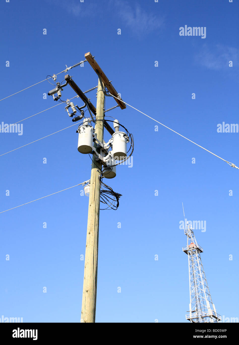Power lines and oil drilling derrick Stock Photo - Alamy