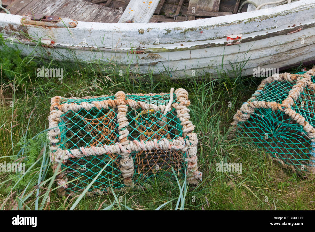 Boat with fishing pots, close up Stock Photo - Alamy