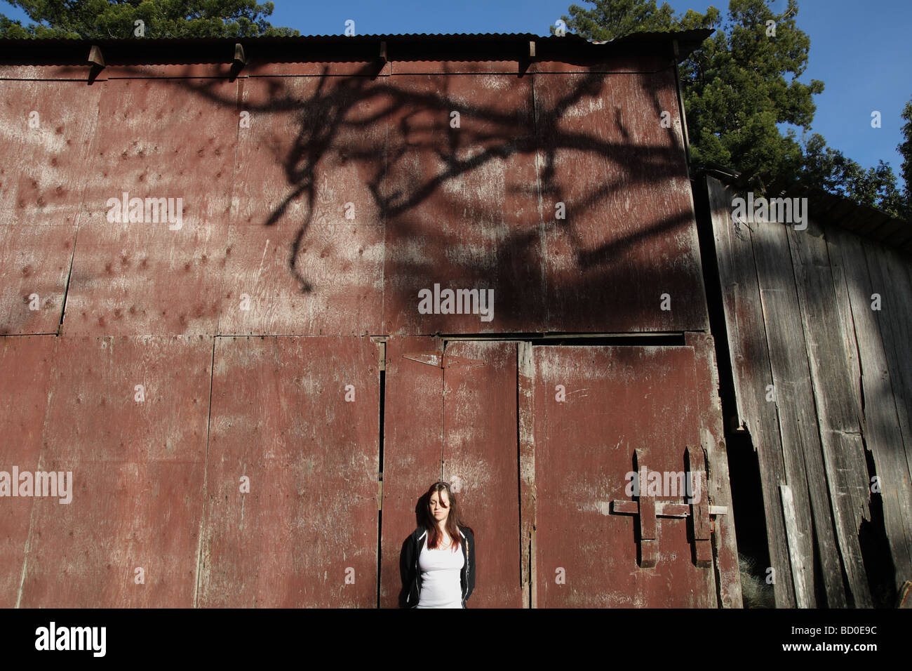 Woman standing against a barn Stock Photo - Alamy