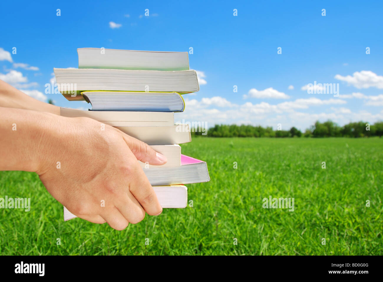 hand hold books on meadow background Stock Photo - Alamy