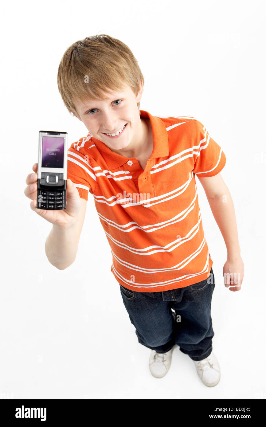 Young Boy With Mobile Phone Stock Photo - Alamy