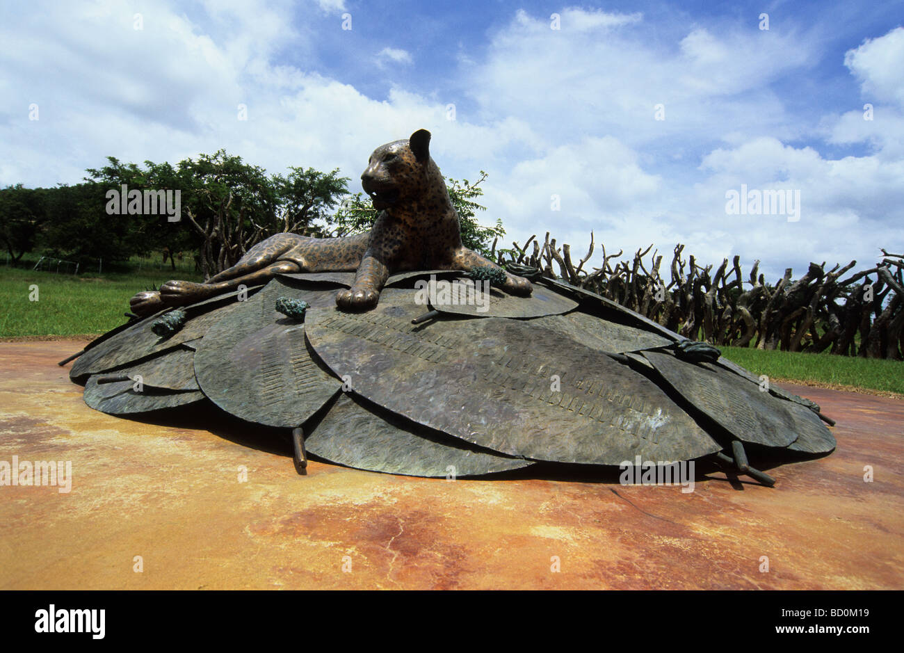Leopard resting on war shields, Zulu memorial, 1879, Rorkes Drift ...