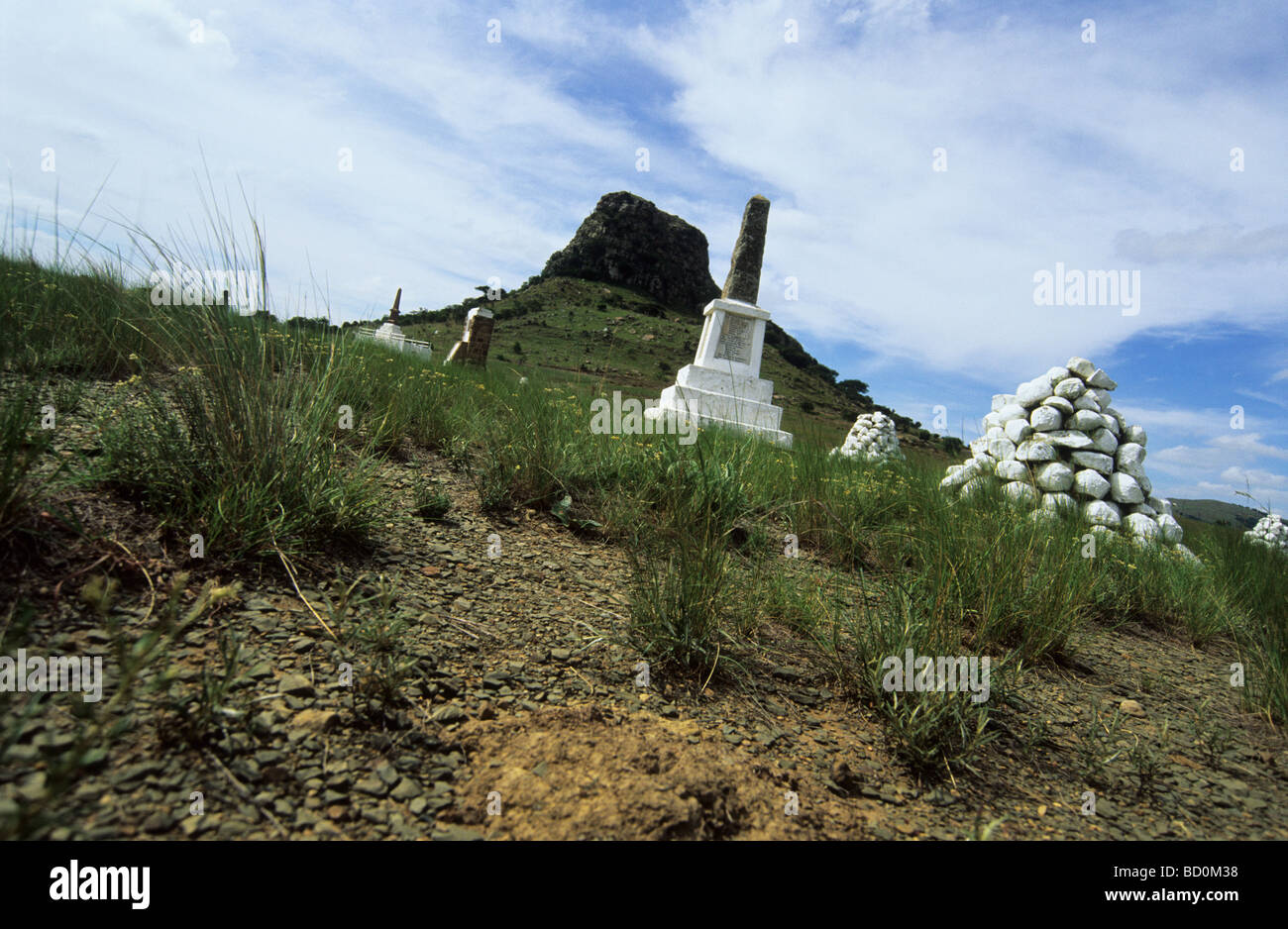 Landscape, Isandlwana battlefield, memorial and cairns, dead British ...
