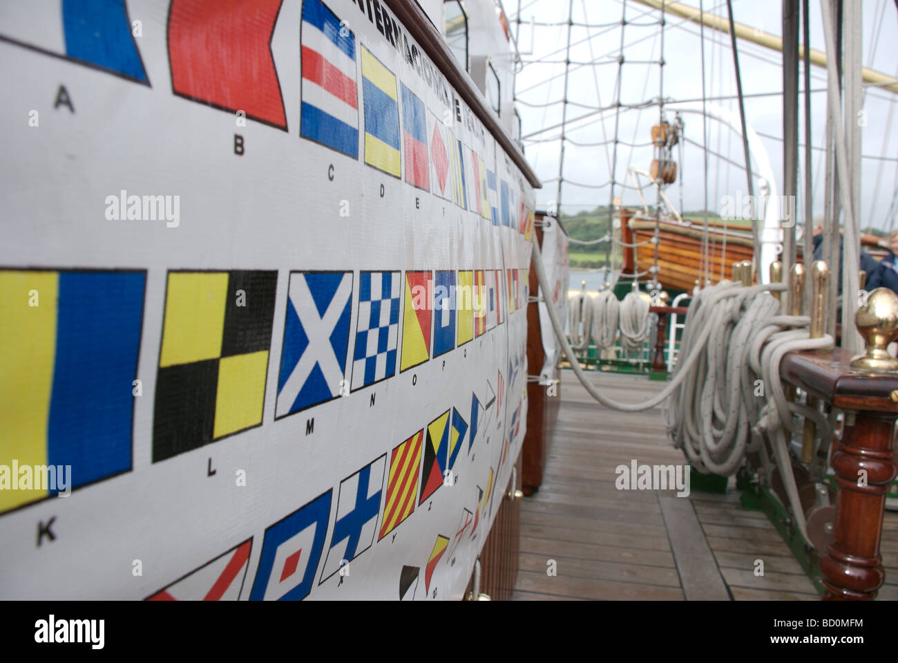 Nautical alphabet display guide onboard a tall ship, Cornwall, UK Stock ...