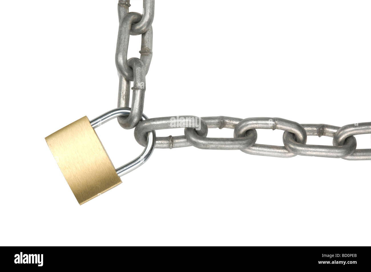 Metal chain held together by brass padlock Stock Photo - Alamy