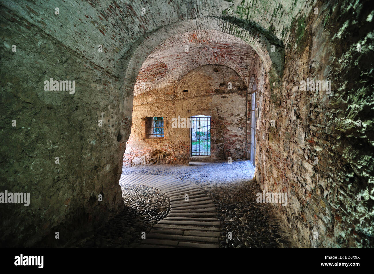 Corner detail of a stone dungeon of the italian medieval fortress ...