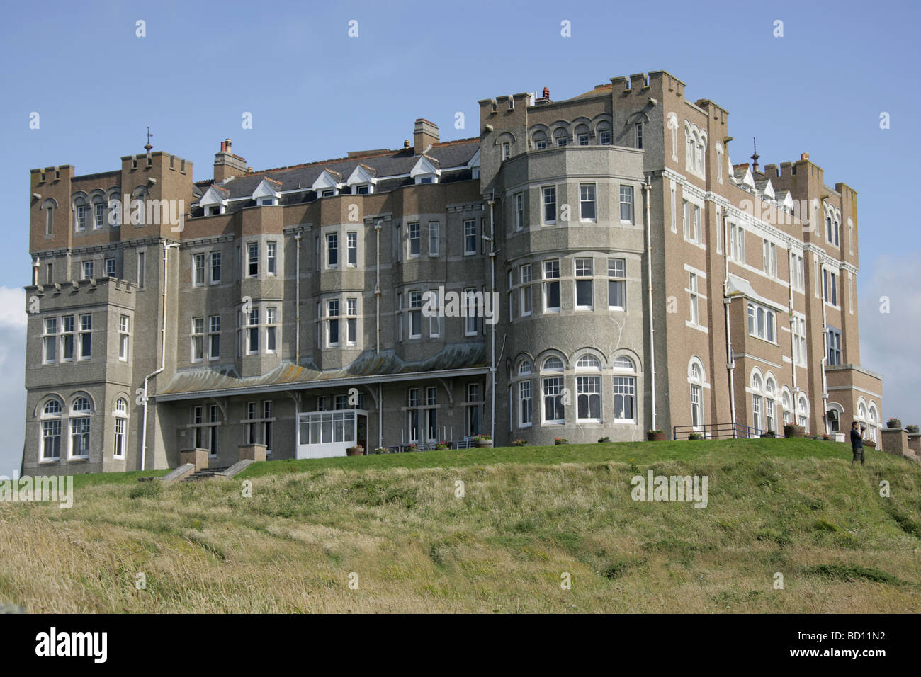 Village of Tintagel, England. Rear view of the Camelot Castle Hotel in ...