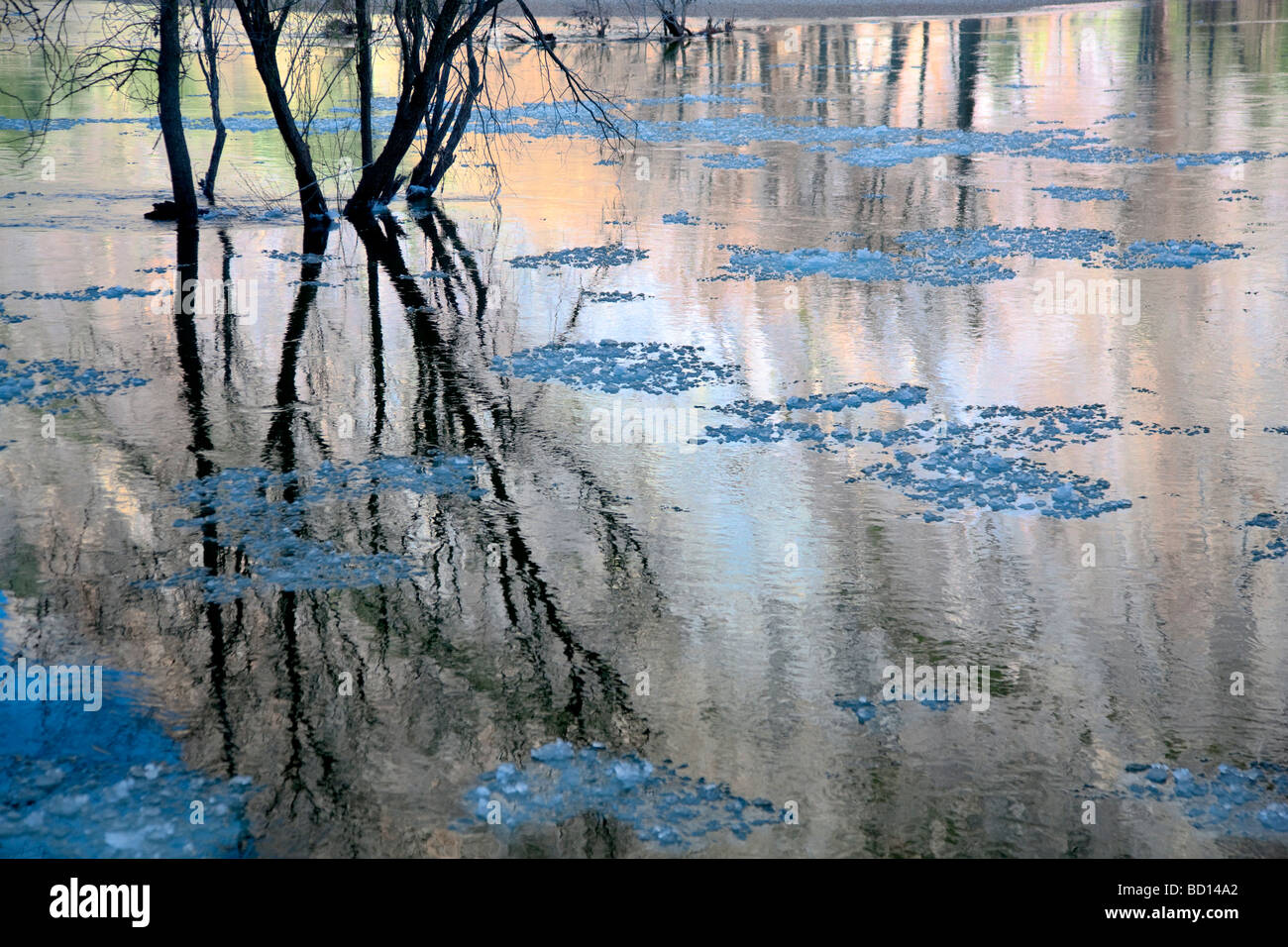 Ice breaking up in spring Merced River Yosemite National Park ...