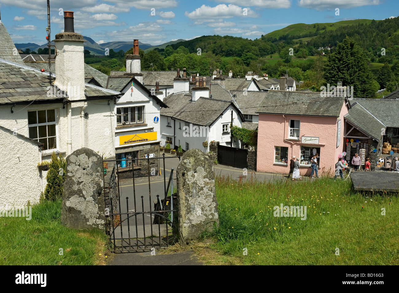 Looking down into the village street of houses and cottages of ...