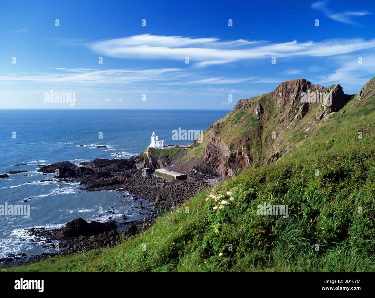 View of the Hartland Point Lighthouse on the rugged north Devon coast ...