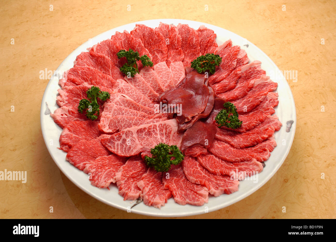 Sliced raw meat on plate Stock Photo - Alamy