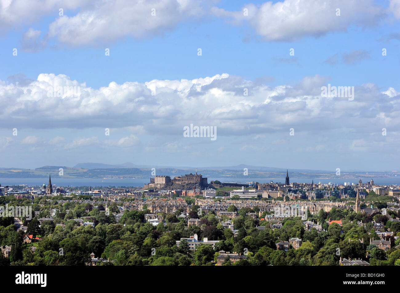 View of Edinburgh Castle and the Firth of Forth from Blackford Hill ...