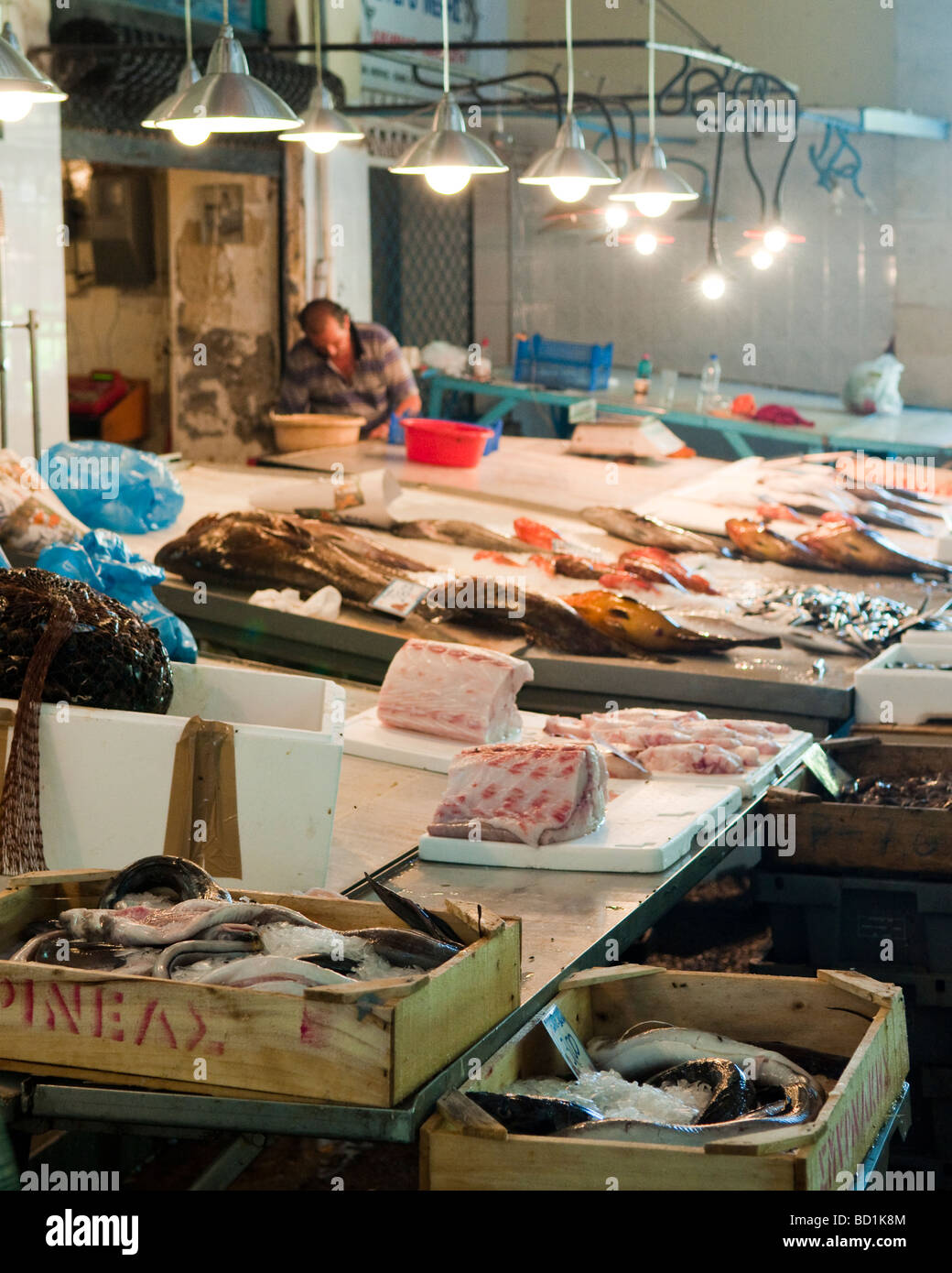 Fishmonger shop at the indoor market in Chania Crete Greece Stock Photo ...