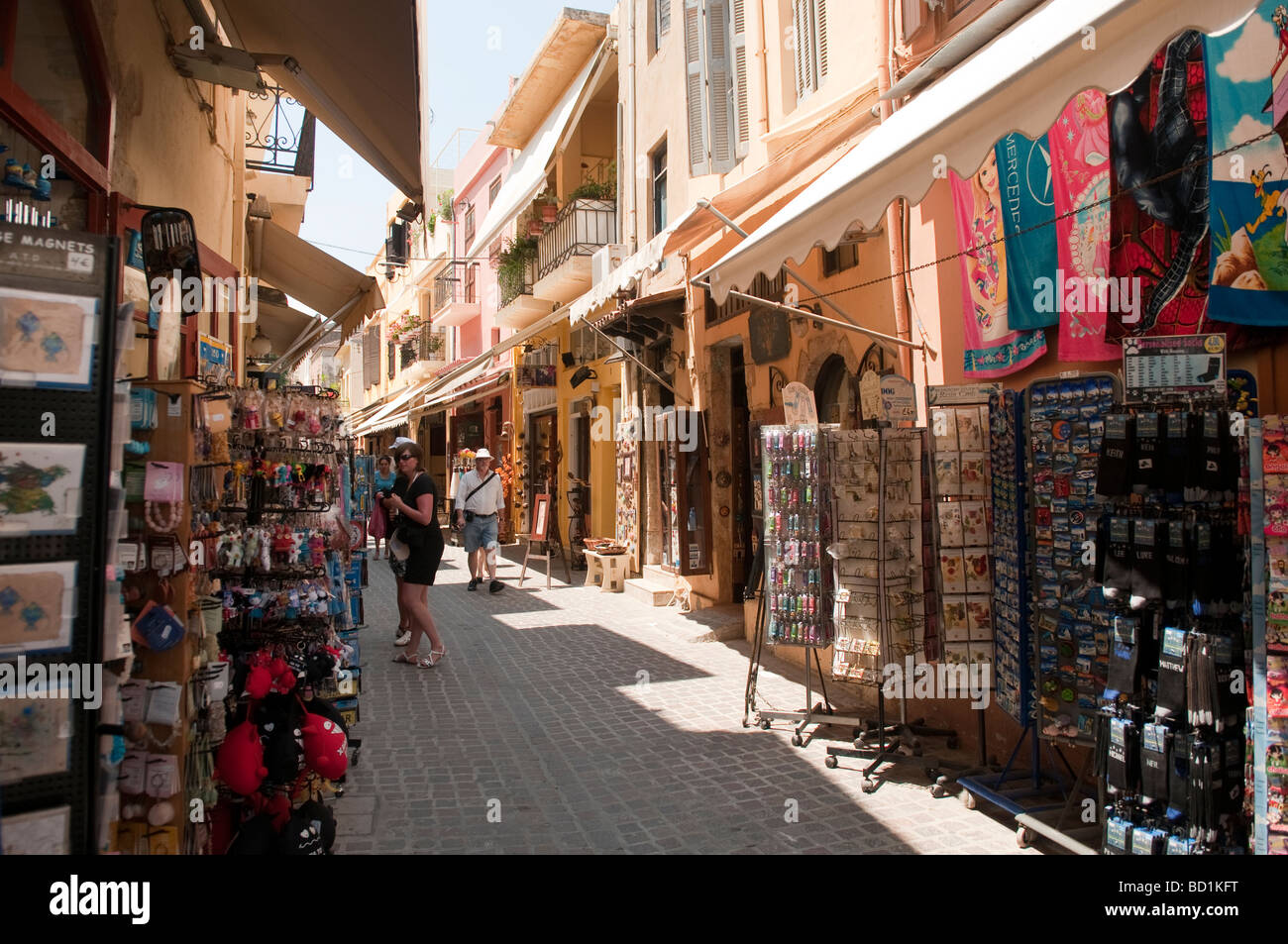 Tourists in street full of souvenir shops Chania, Crete, Greece Stock ...