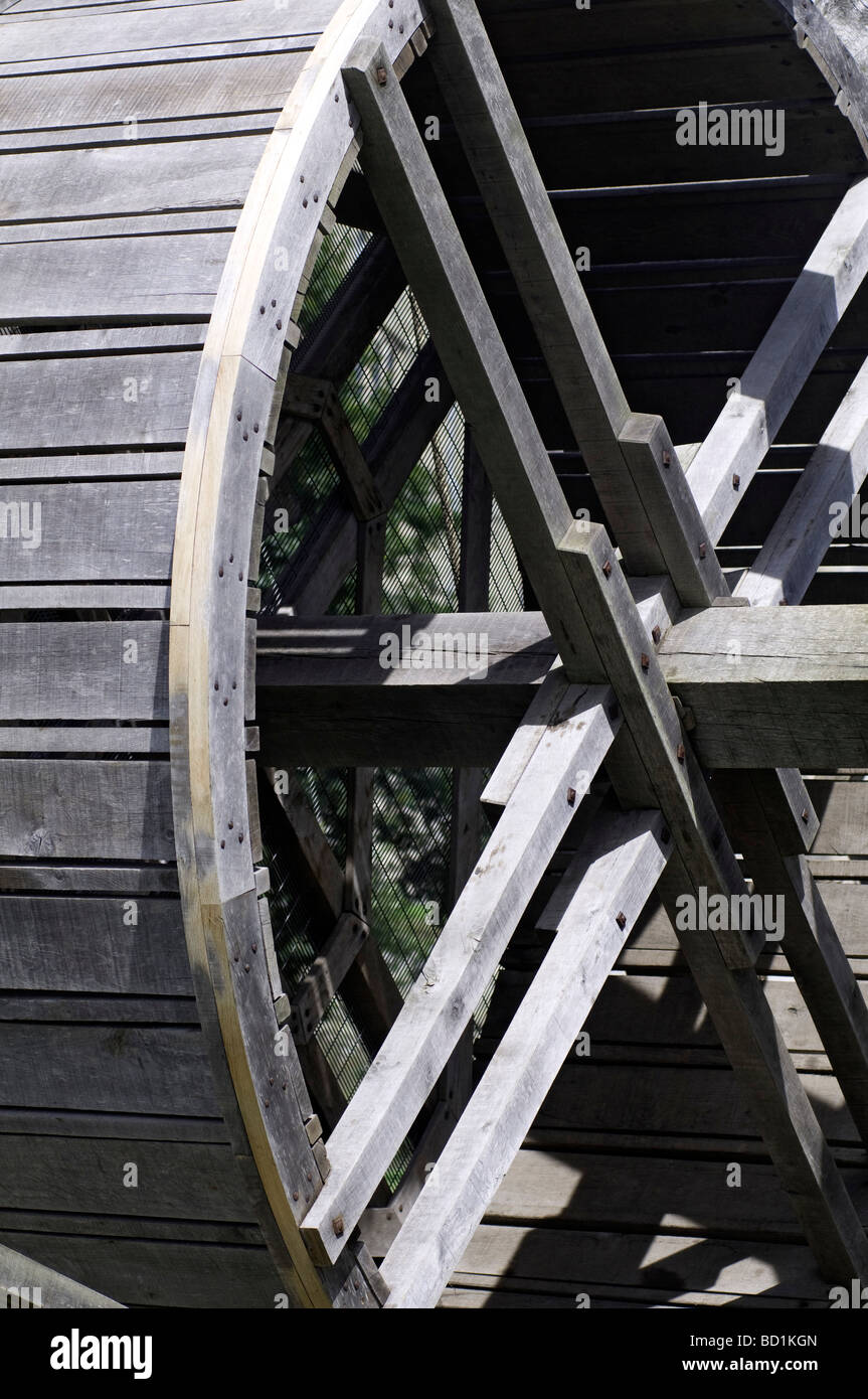 Close up sections of a wooden wheel on a Trebuchet at Warwick Castle ...