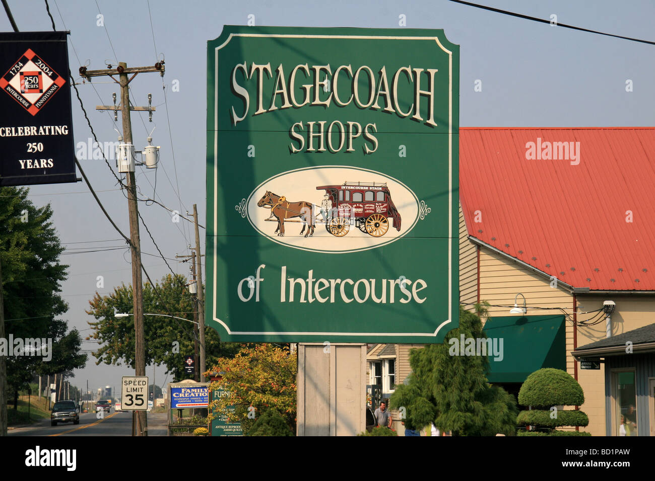 A street side sign for Stagecoach Shops of Intercourse (Amish country ...